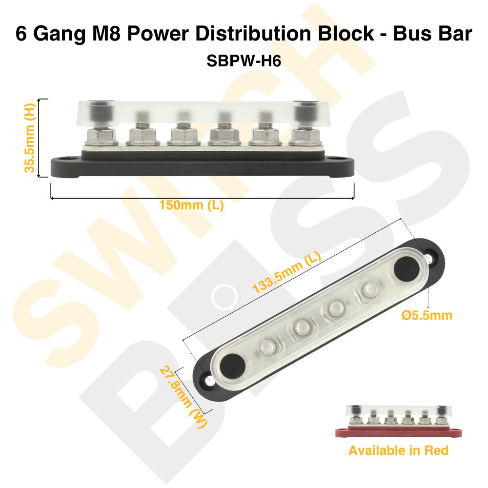 6 Gang M8 Power Distribution Block - Bus Bar by Switch Boss